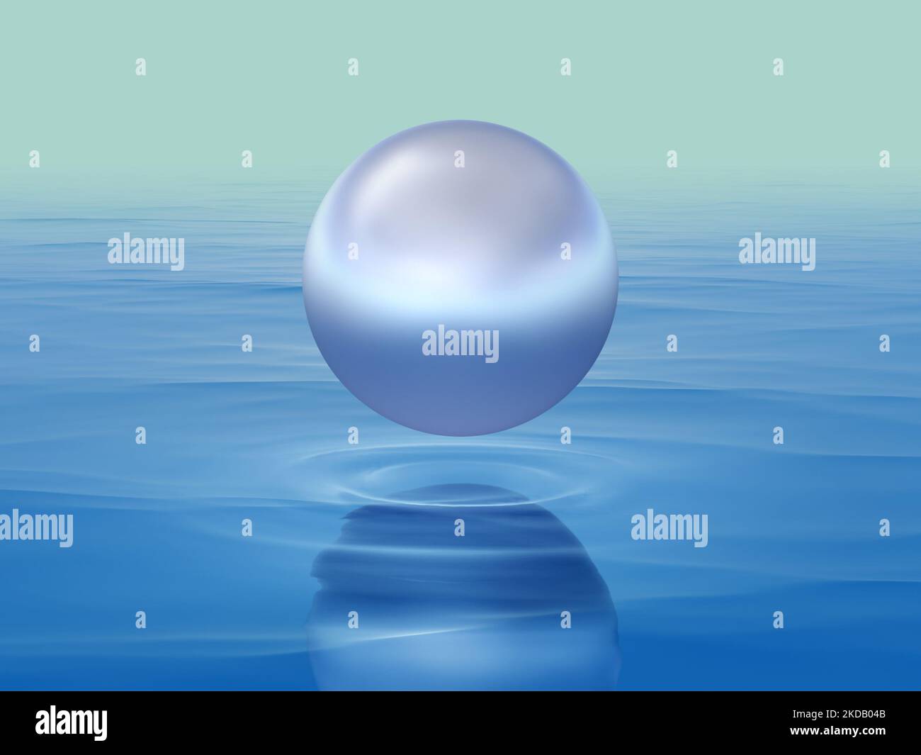 Floating sphere over a calm water surface. Digital illustration, 3D ...