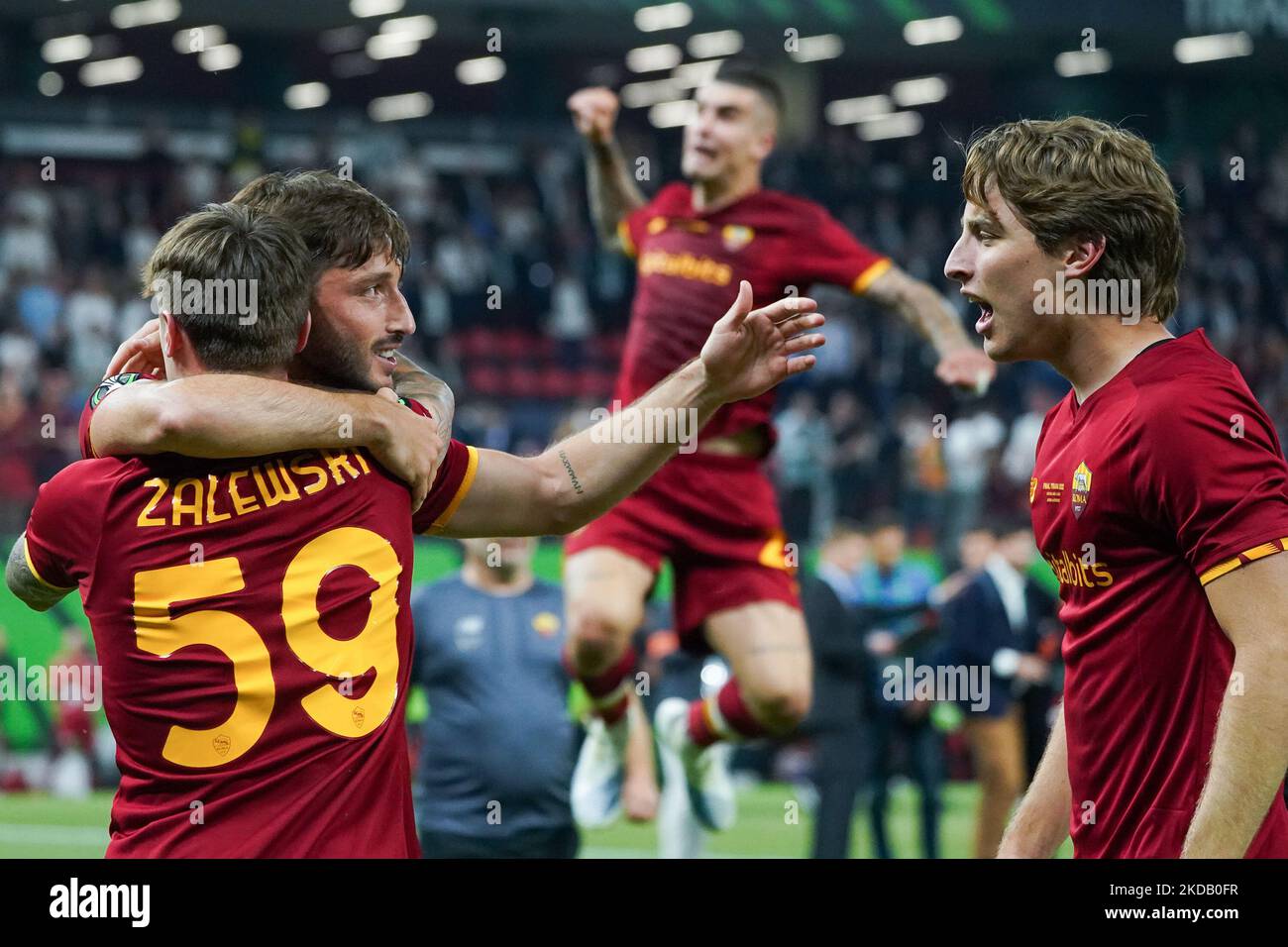 Matias Vina of AS Roma celebrates the victory with Edoardo Bove of AS ...