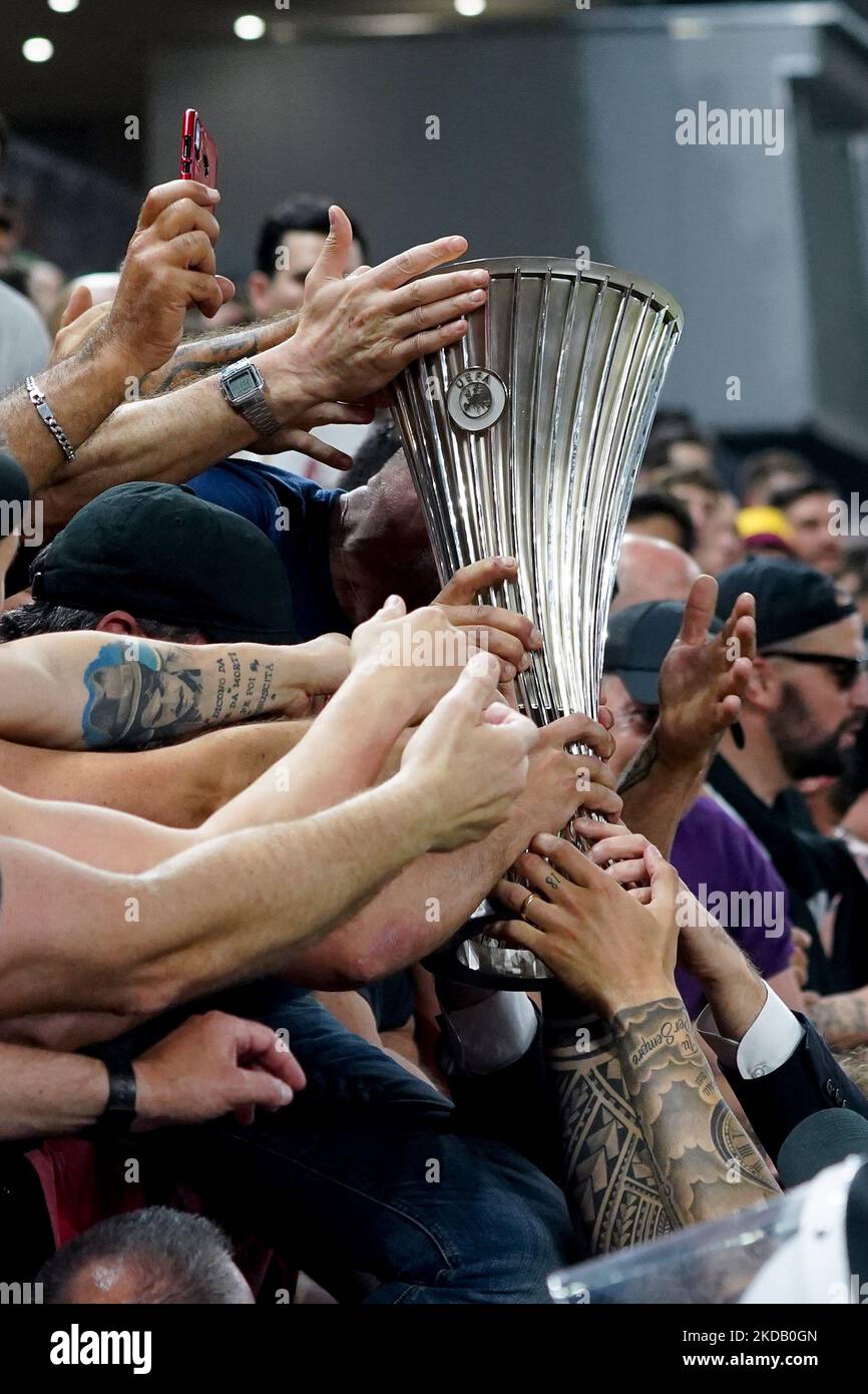 Supporters of AS Roam lift the trophy during the UEFA Conference League ...