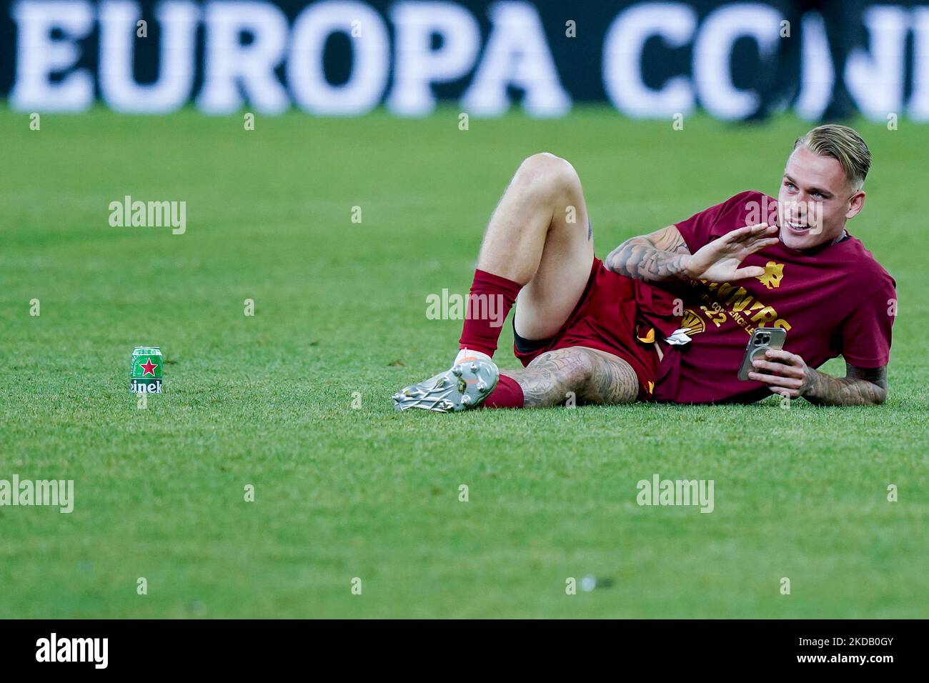 Rick Karsdorp of AS Roma shares a video call during the UEFA Conference ...
