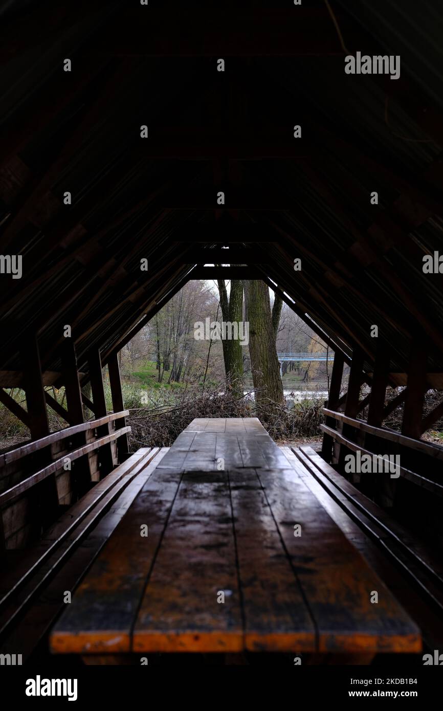 Panorama frame Eating area inside the pavilion of a park with view of ...