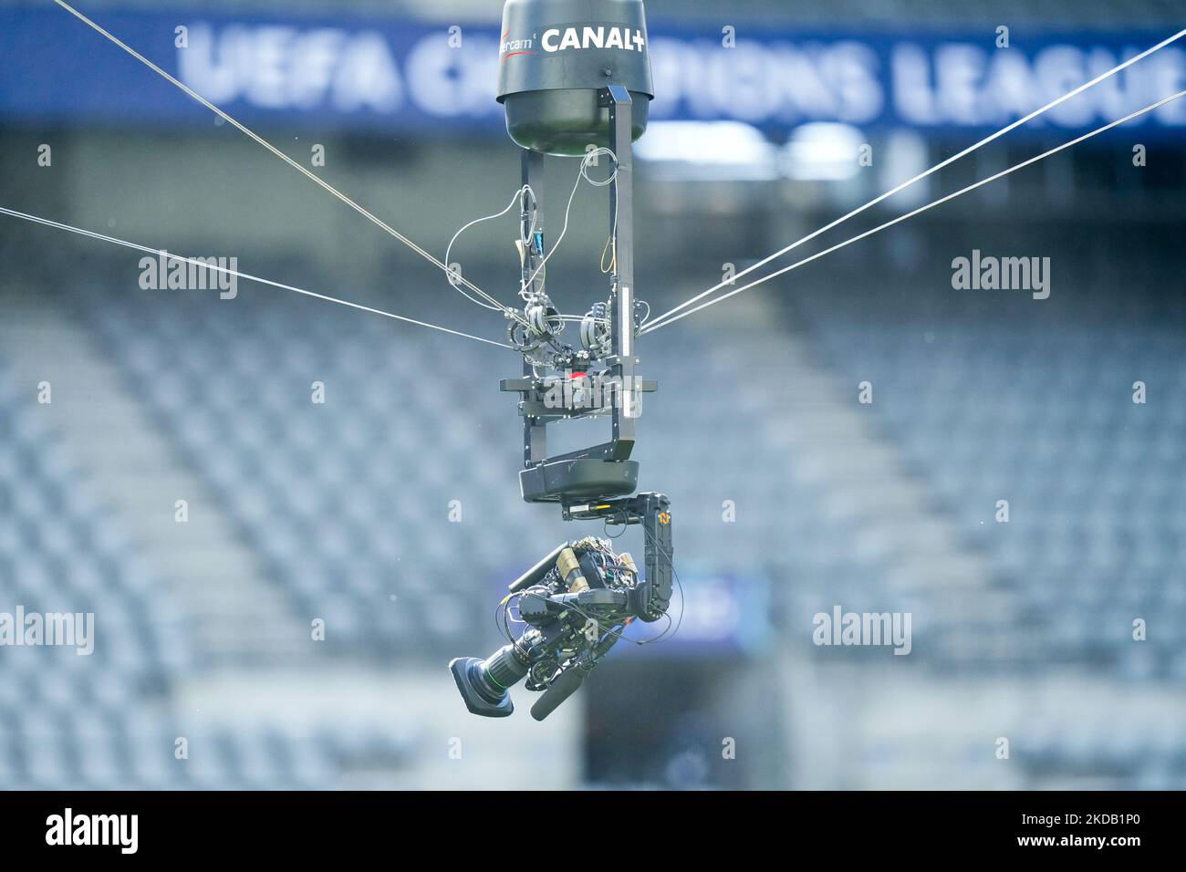 Spider Cam of Television during Liverpool training before The UEFA ...