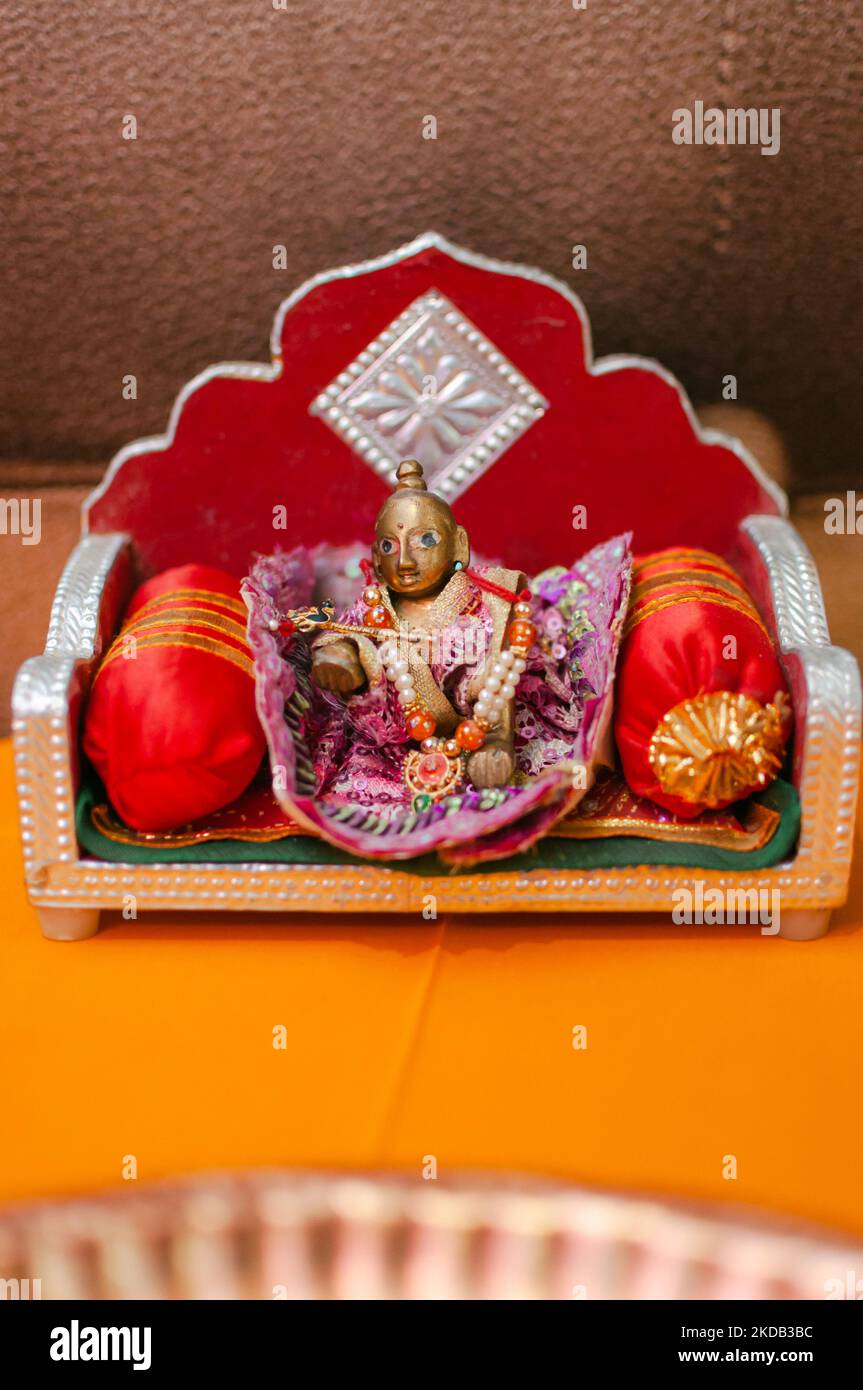 Small Shree Krishna statue in the temple in India Stock Photo - Alamy