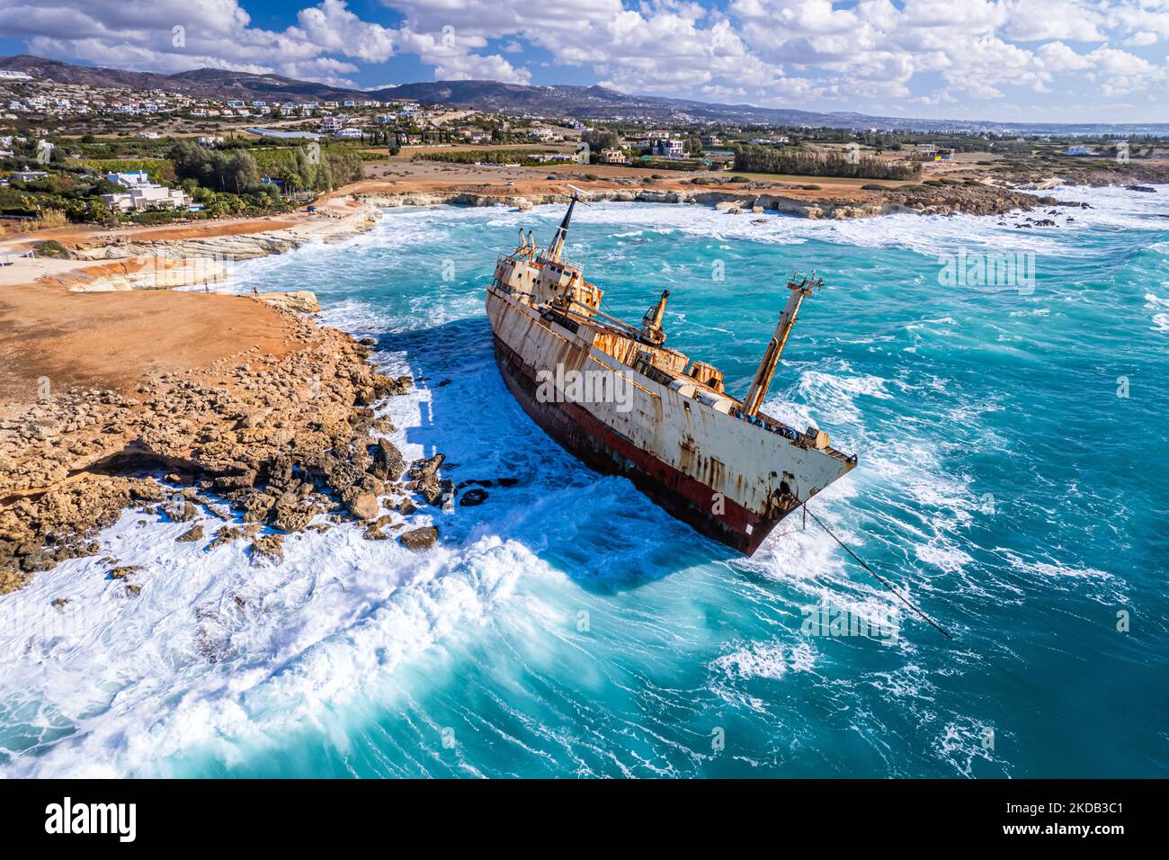 An aerial view of Edro III Shipwreck tourist attraction by the shore in ...
