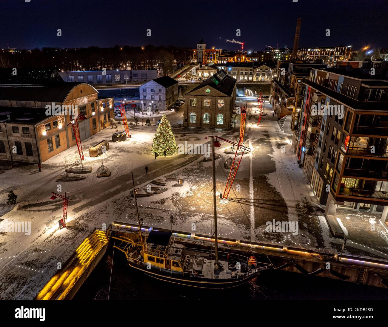 An aerial view of illuminated Port Noblessner in Tallinn, Estonia in ...
