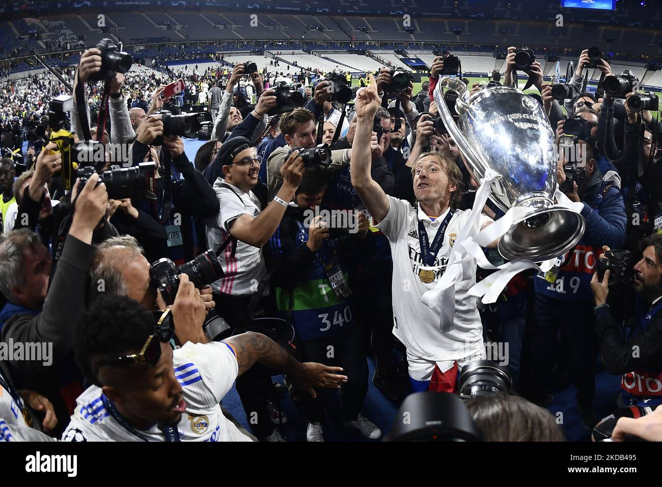 Luka Modric of Real Madrid lifts the trophy after winning with his team ...