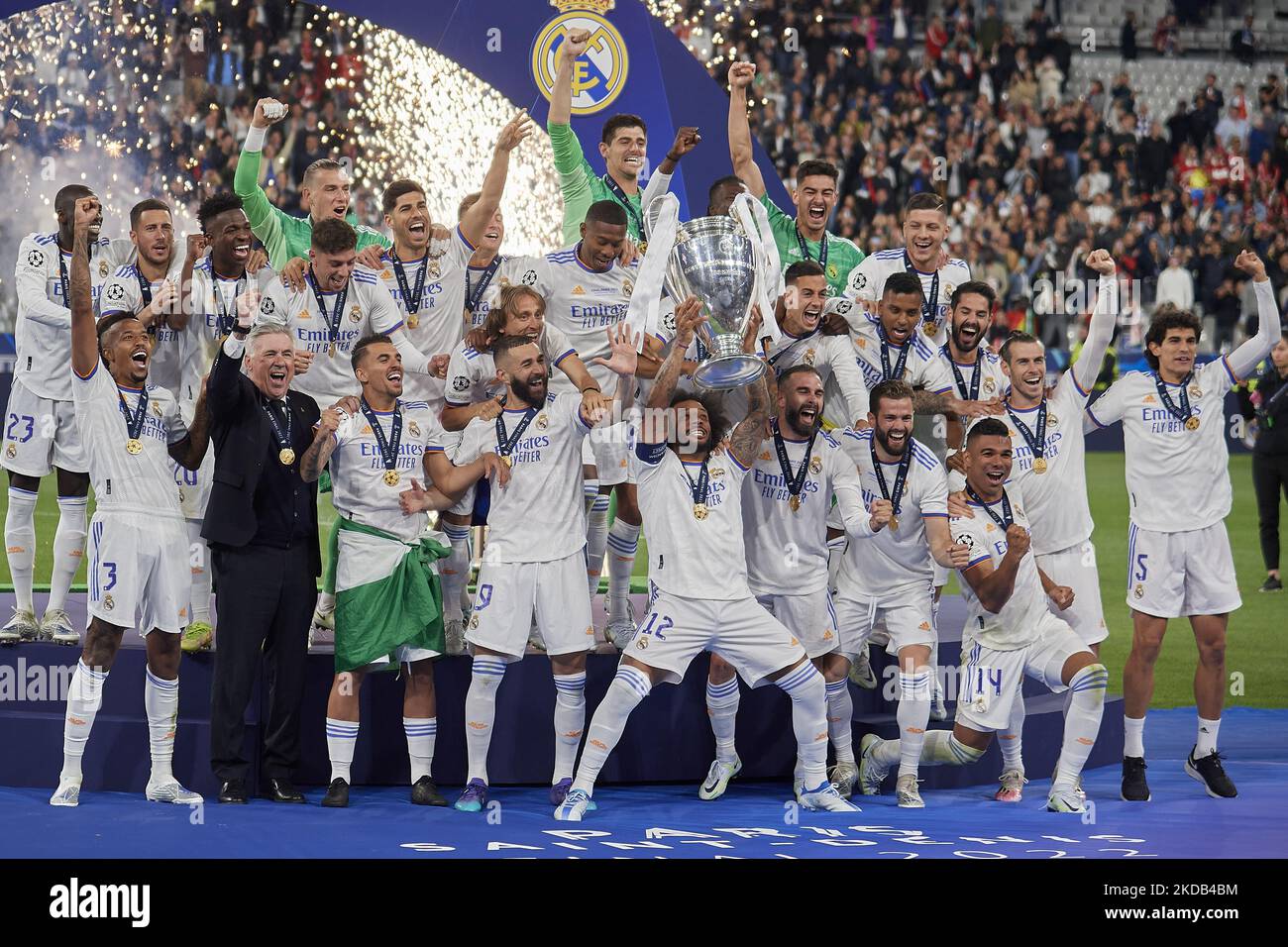 Marcelo of Real Madrid lifts the trophy after winning with his team the ...