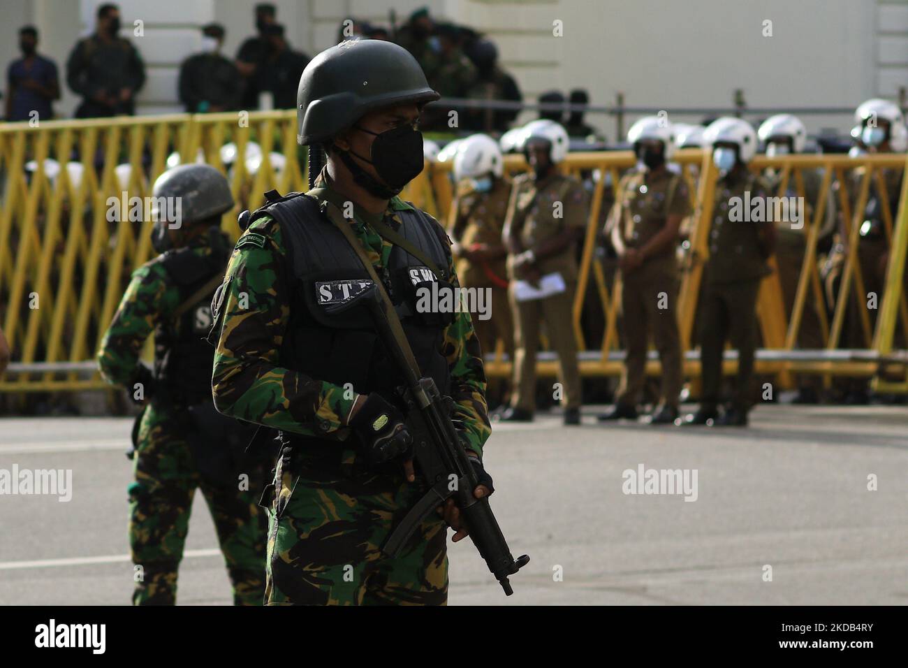 Sri Lankan STF police officers are seen during a protest near the ...