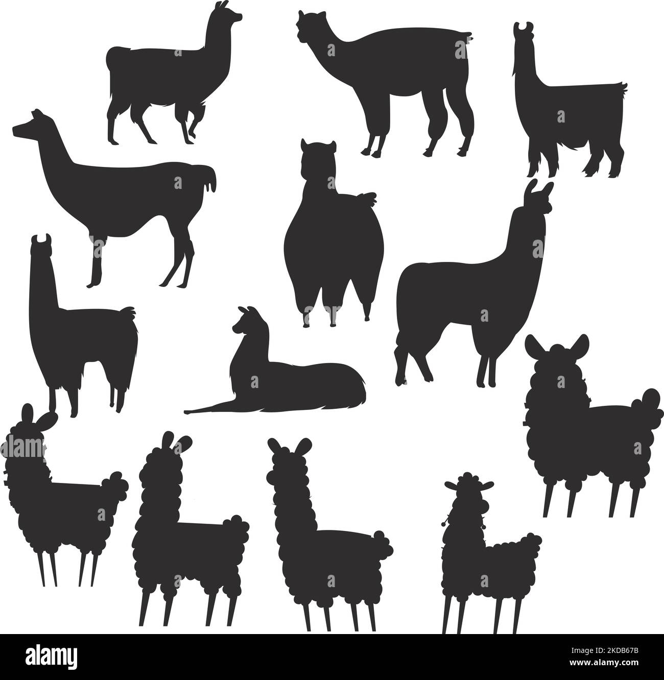 A digital illustration set of silhouettes of llamas and alpacas ...