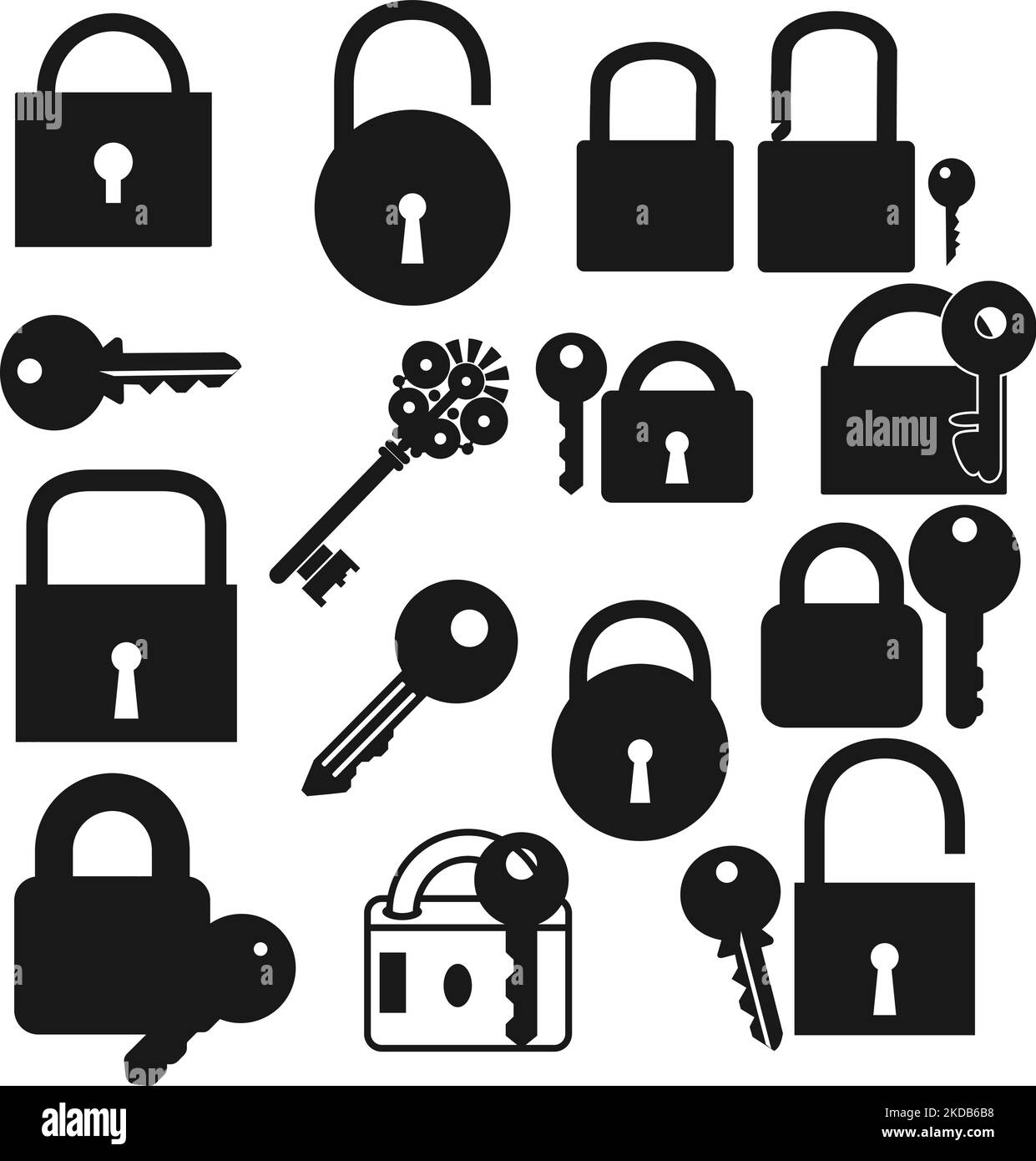 A digital illustration set of silhouettes of locks and keys isolated on ...