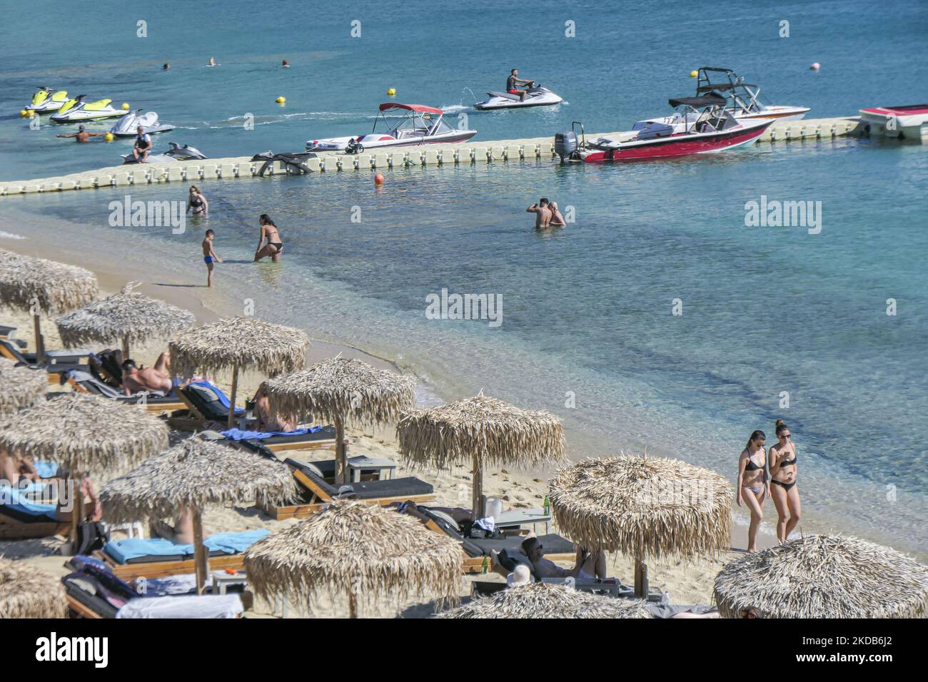 Famous Elia Beach in Mykonos Island, Cyclades, Aegean Sea in Greece, on ...