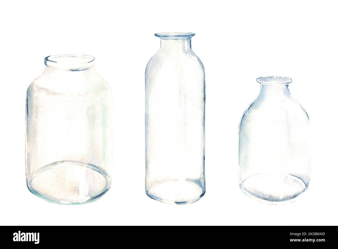 Set of transparent glass bottle, vase, jar of different shapes ...