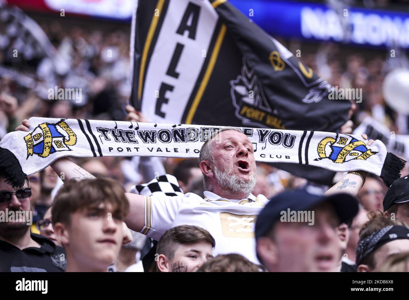 A Port Vale fan sings the national anthem during the Sky Bet League 2 ...