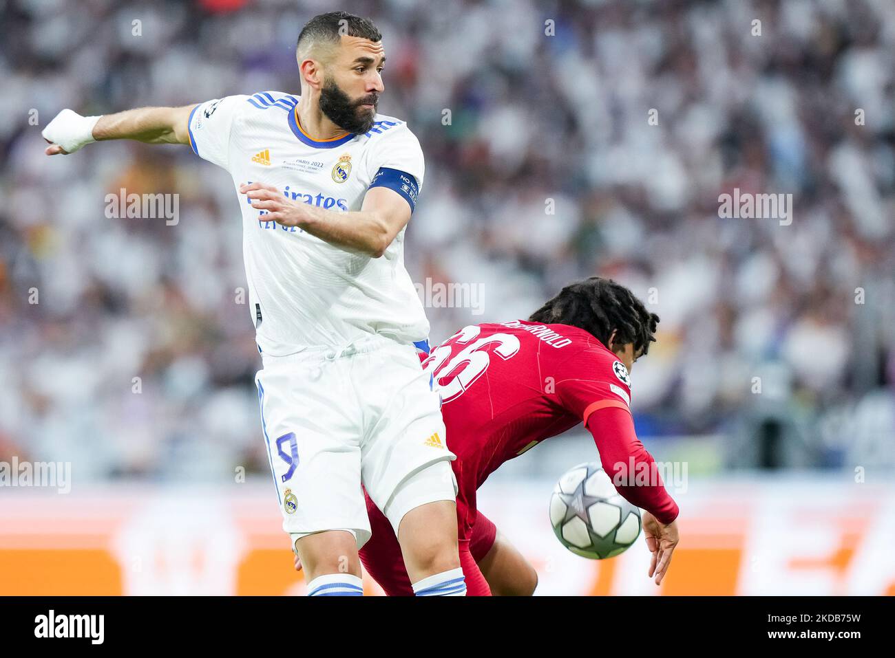Karim Benzema of Real Madrid CF and Trent Alexander-Arnold of Liverpool ...