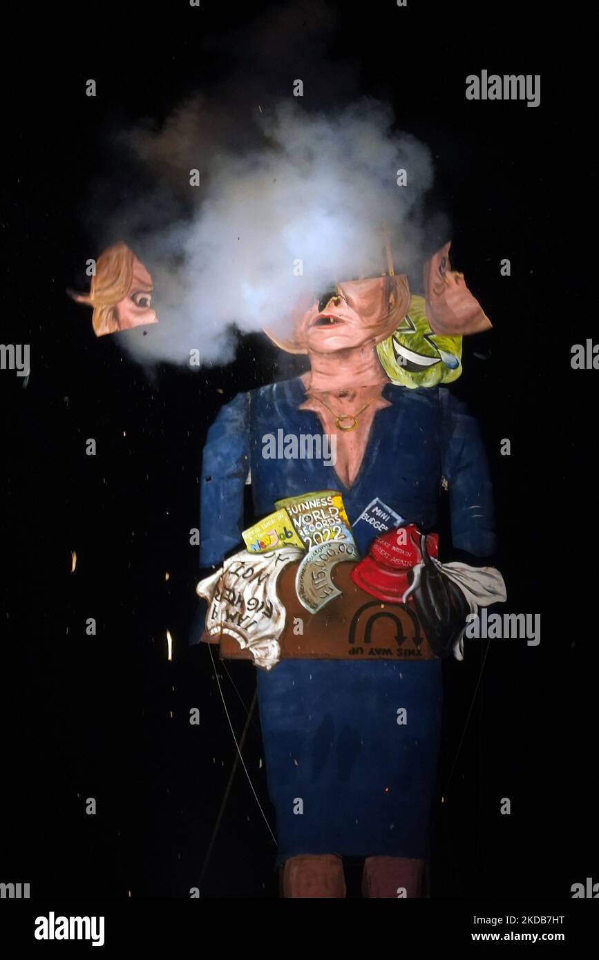 The Edenbridge Bonfire Society celebrity guy, Liz Truss, is set on fire ...