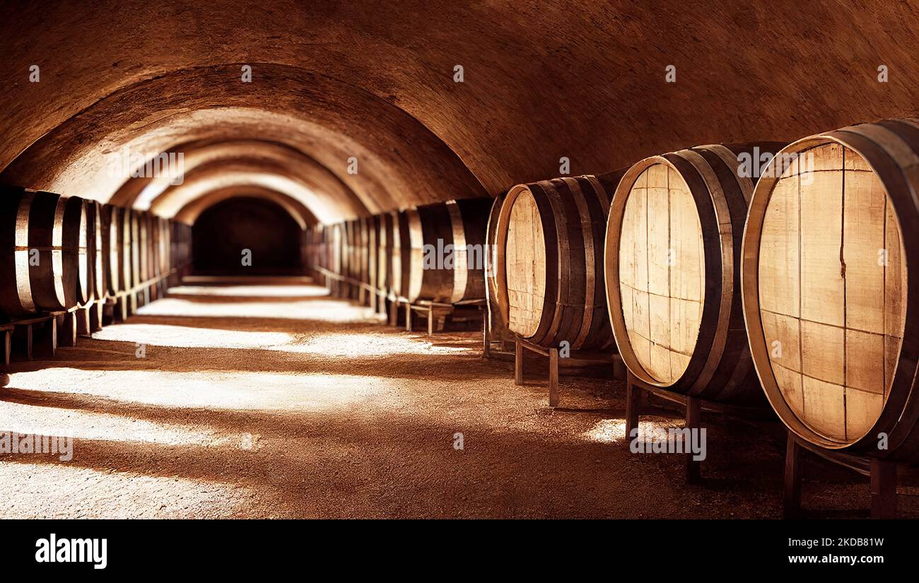 A long corridor with wooden wine barrels in a vineyard cellar Stock ...