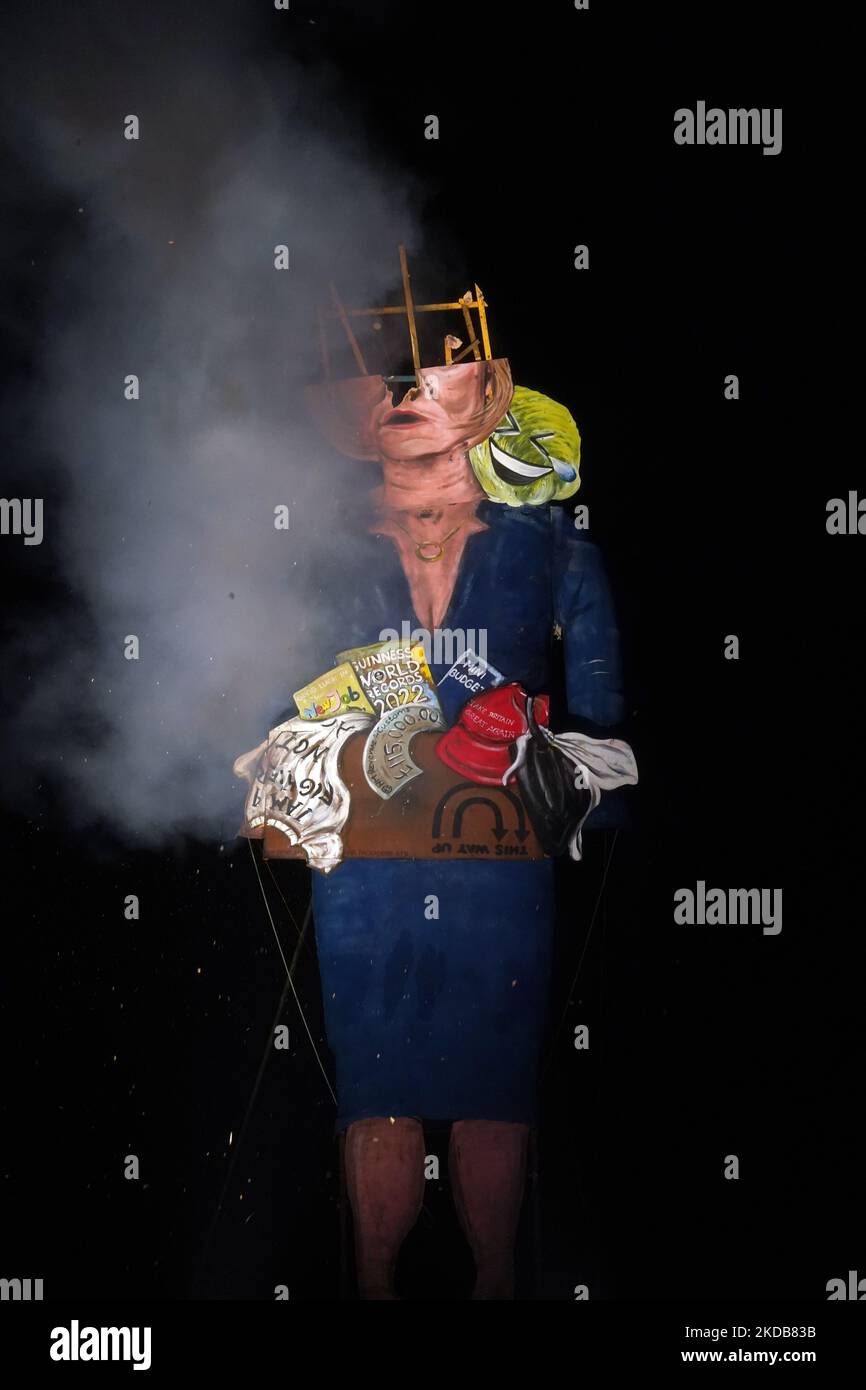 The Edenbridge Bonfire Society celebrity guy, Liz Truss, is set on fire ...