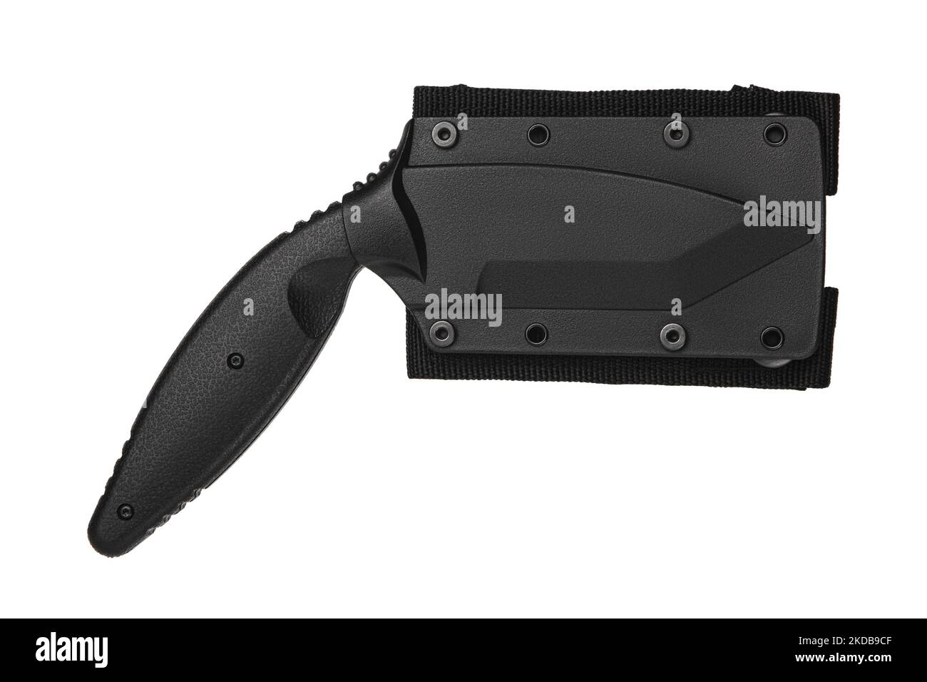 Modern tactical knife with black blade and rubber curved handle. Steel ...