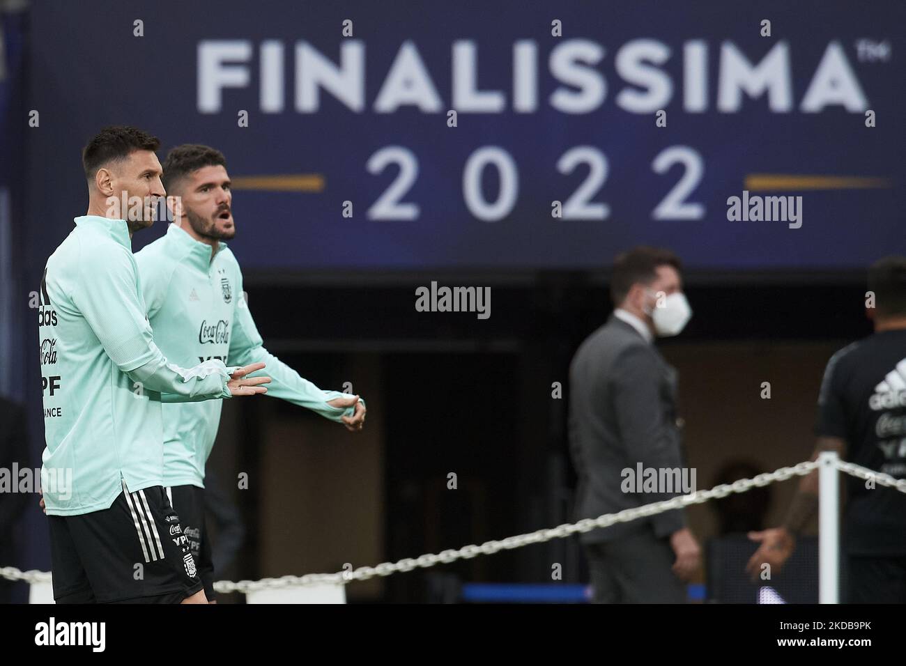 Lionel Messi and Rodrigo de Paul of Argentina during the Argentina ...