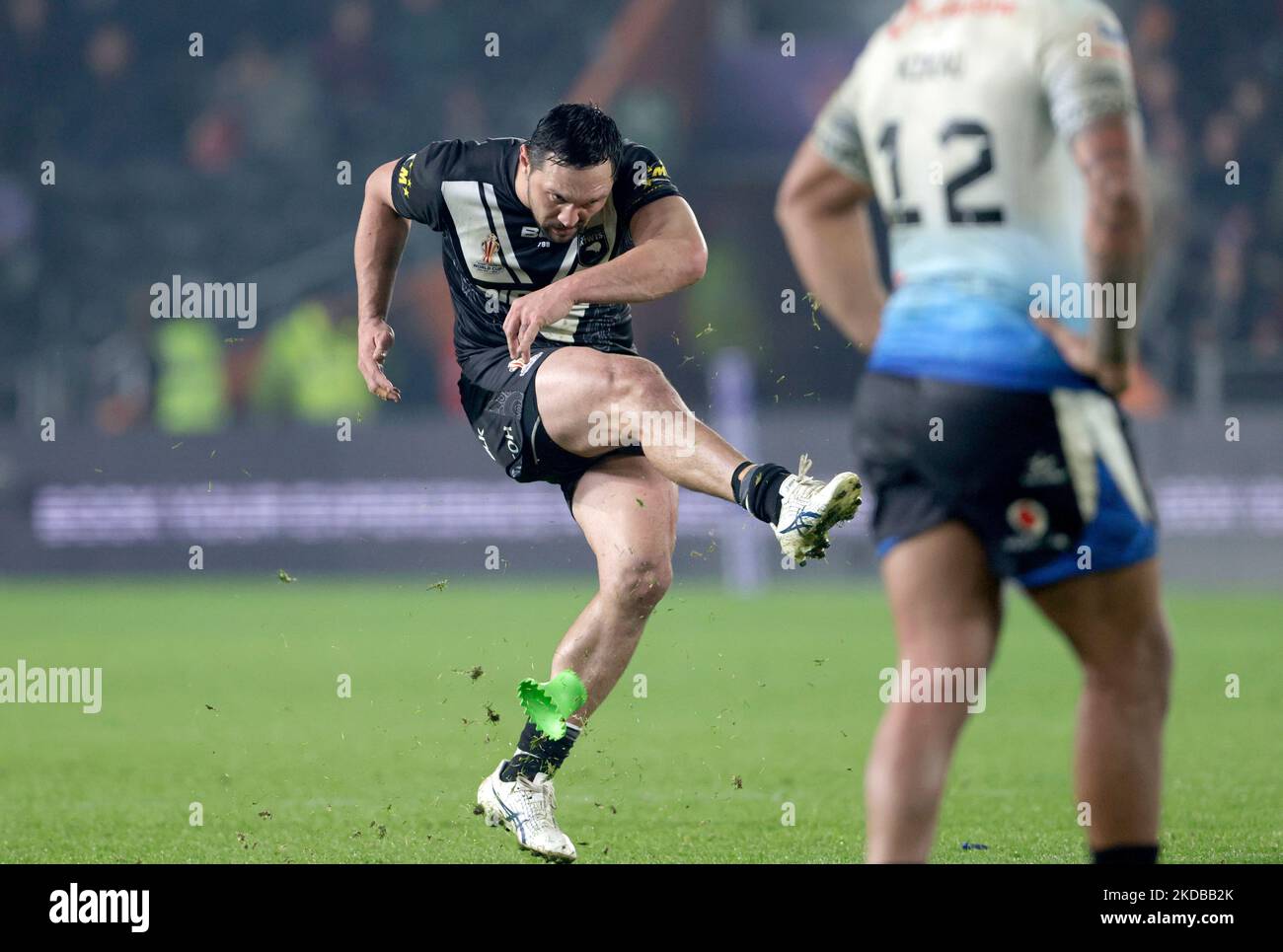 New Zealand's Jordan Rapana kicks to go 20-18 up during the Rugby ...