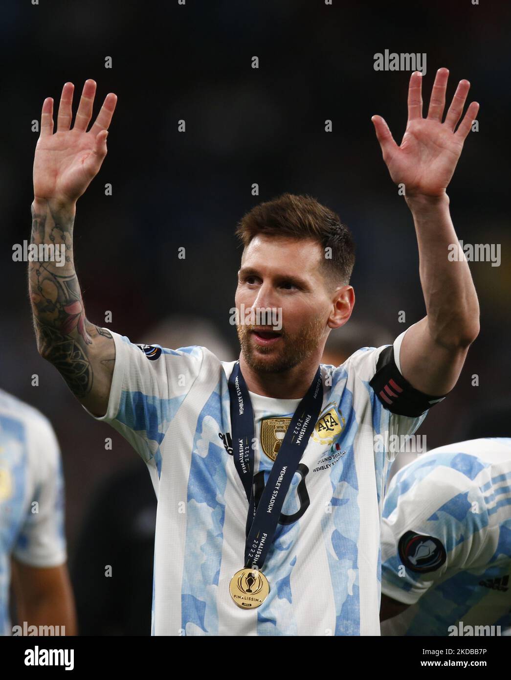 Lionel Messi of Argentina wave to the crowd after Finalissima Conmebol ...