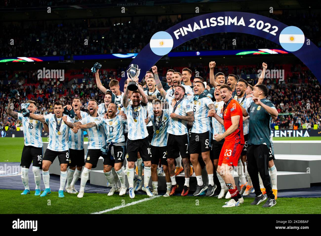 Lionel Messi of Argentina holds the trophy during the Conmebol - UEFA ...