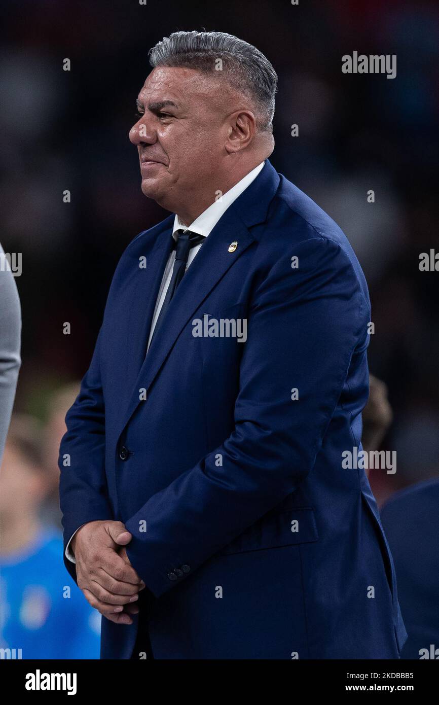 President of Afa Claudio Tapia looks on during the Conmebol - UEFA Cup ...