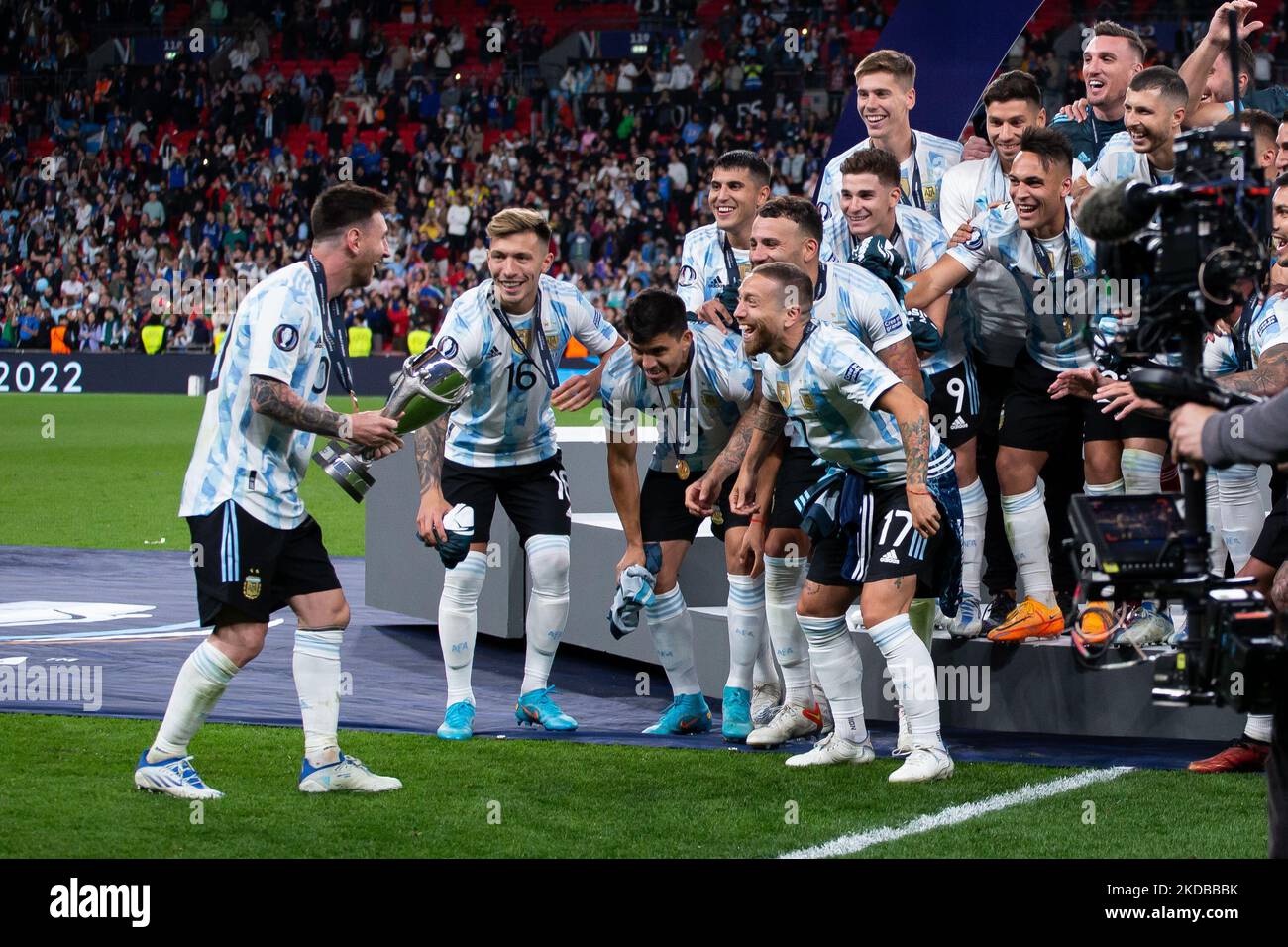 Lionel Messi of Argentina holds the trophy during the Conmebol - UEFA ...