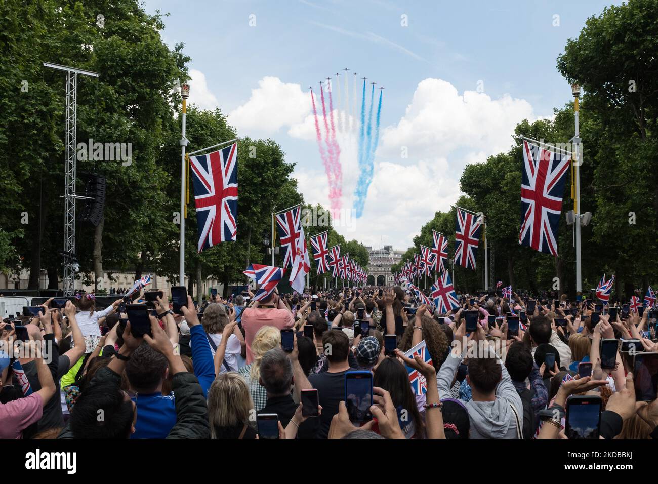 LONDON, UNITED KINGDOM - JUNE 02, 2022: RAF Red Arrows perform a ...