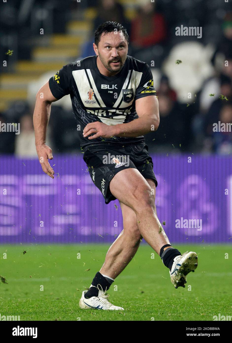 New Zealand's Jordan Rapana kicks during the Rugby League World Cup ...