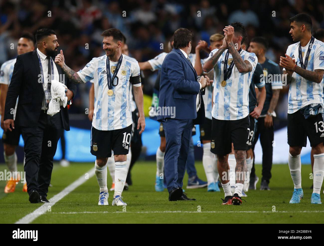 Lionel Messi of Argentina wave to the Fansduring Finalissima Conmebol ...