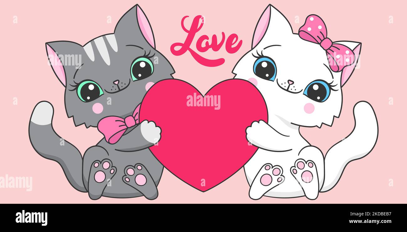 Two cats are holding a heart. Text Love. Vector Stock Vector Image ...