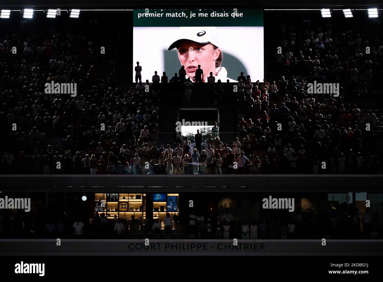Screen on Philipe Chatrier court showing Iga Swiatek giving a speech ...