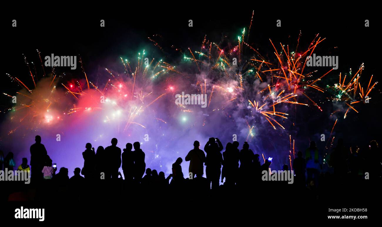 People are watching fireworks during the 21st Great Dragon Parade in ...