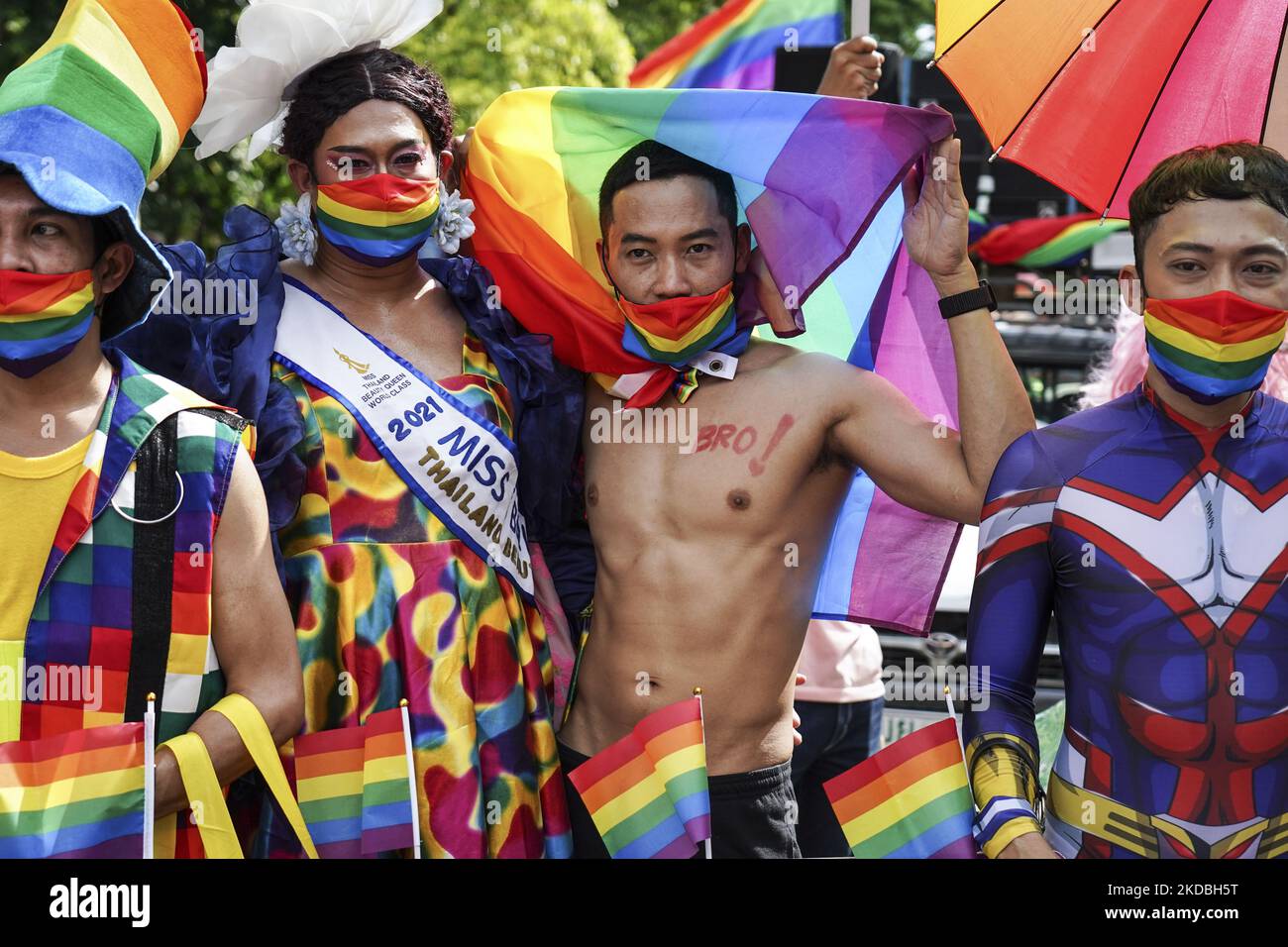 Members of the LGBT community take part in the parade to mark pride day 2022 in Bangkok ...