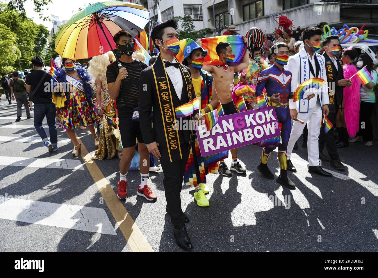 Members of the LGBT community take part in the parade to mark pride day 2022 in Bangkok ...
