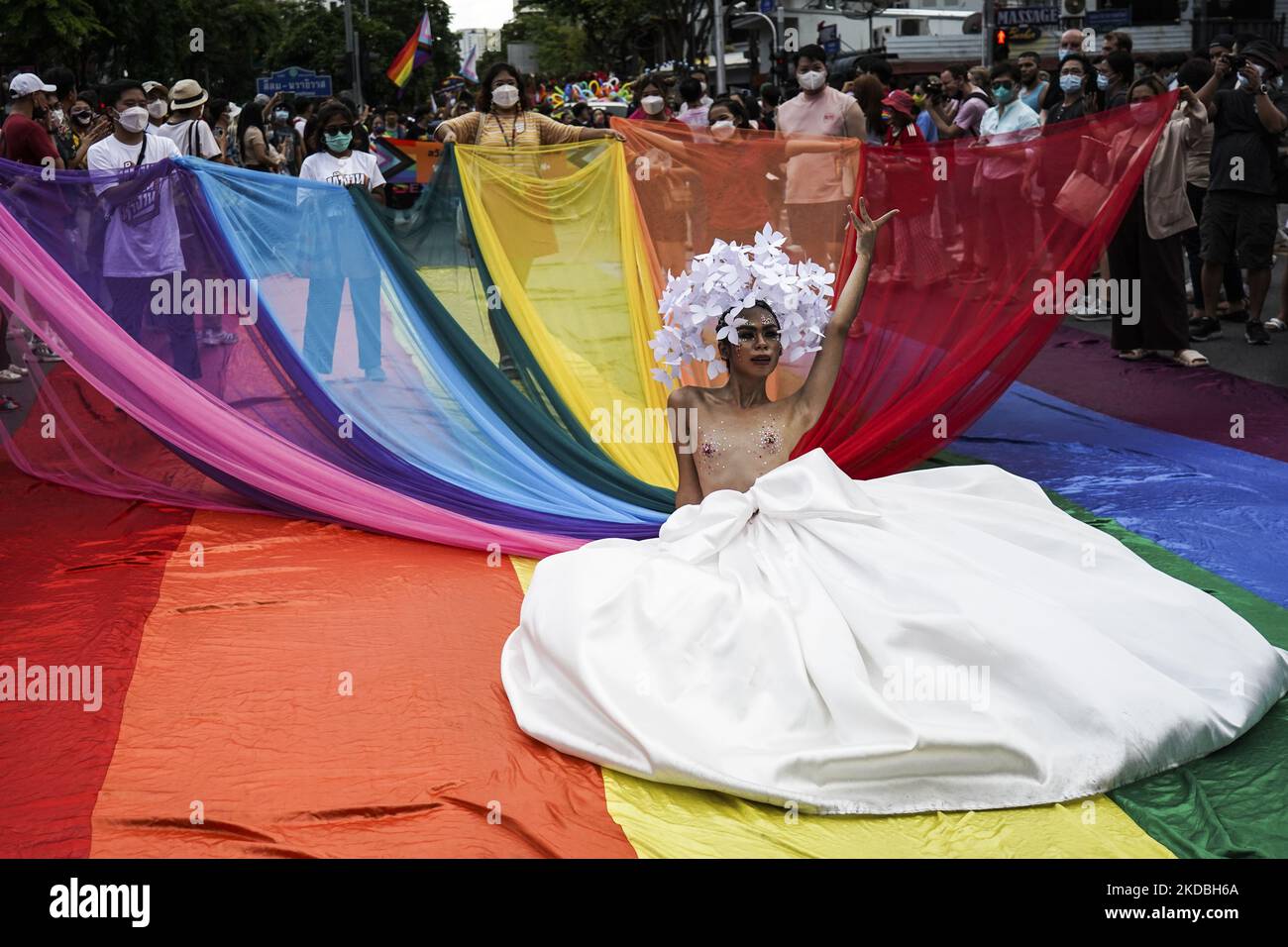 Members of the LGBT community take part in the parade to mark pride day 2022 in Bangkok ...