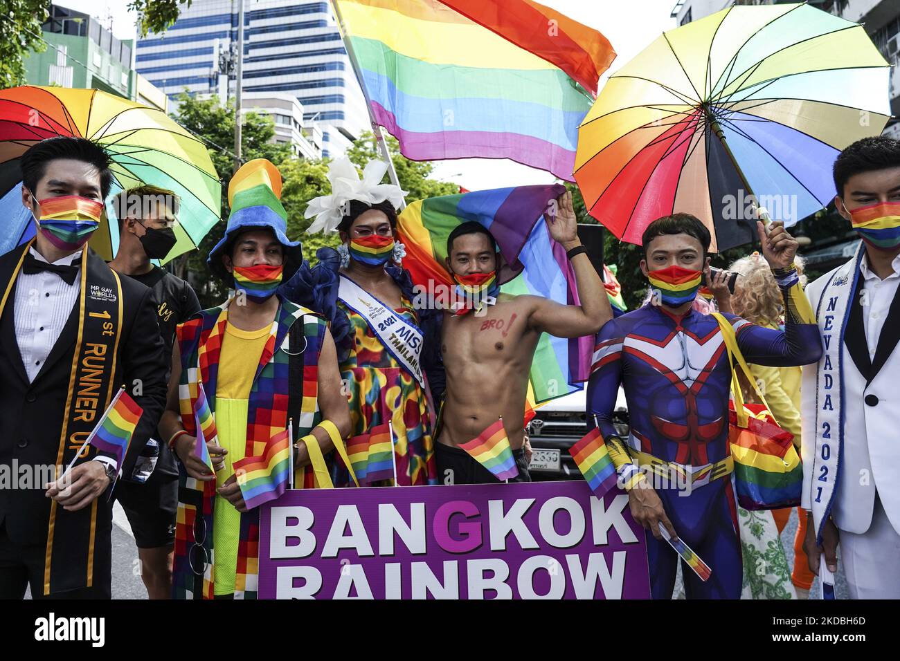 Members of the LGBT community take part in the parade to mark pride day 2022 in Bangkok ...