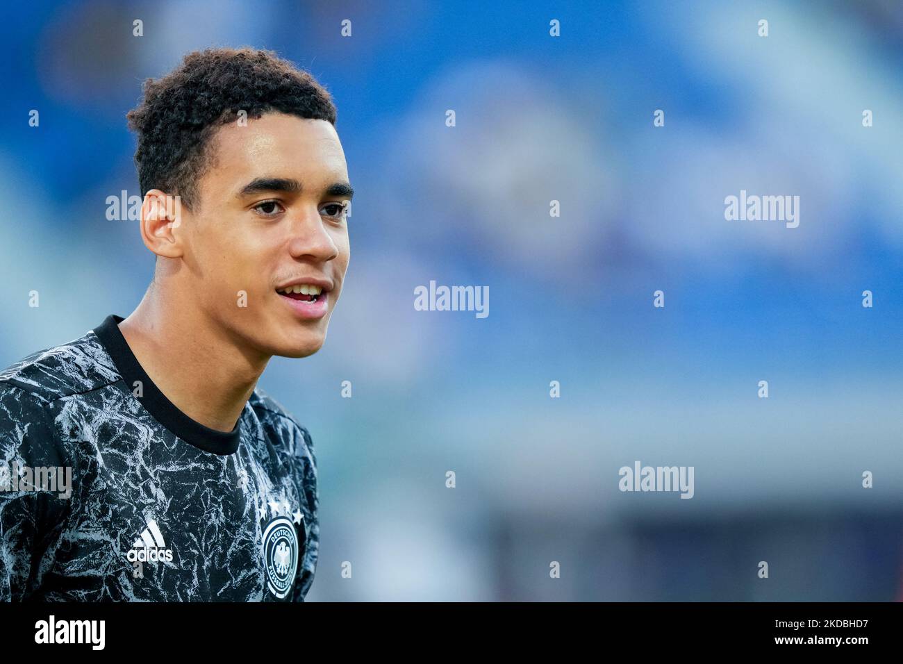 Jamal Musiala of Germany looks on during the warm-up prior the UEFA ...