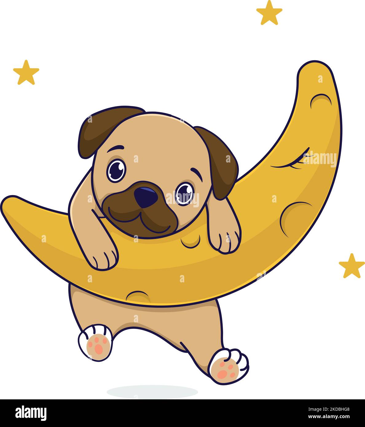 A cute kawaii vector illustration of a puppy hanging on the moon on a ...