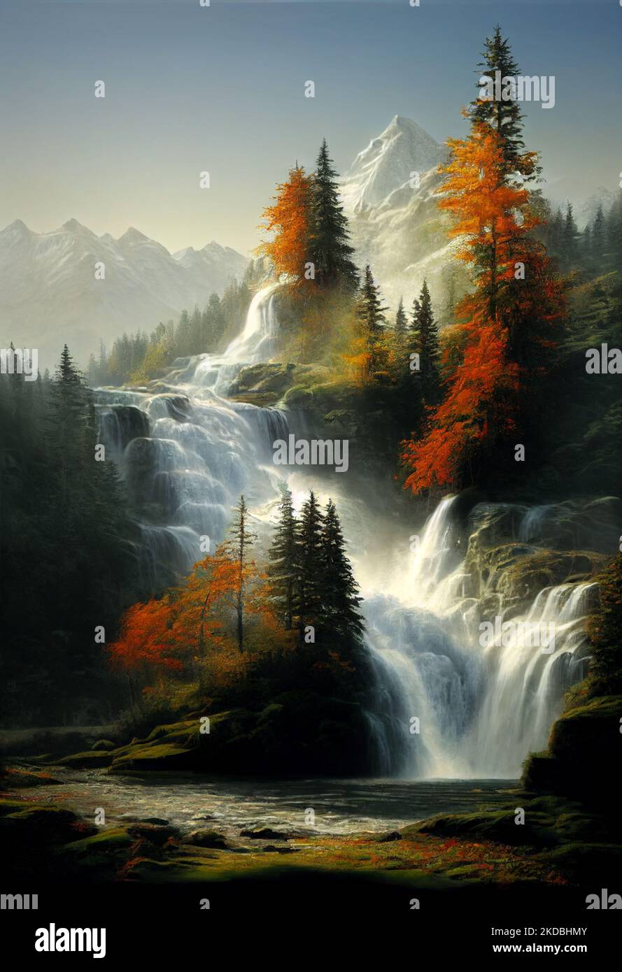 A vertical AI-generated illustration of a majestic waterfall in the ...