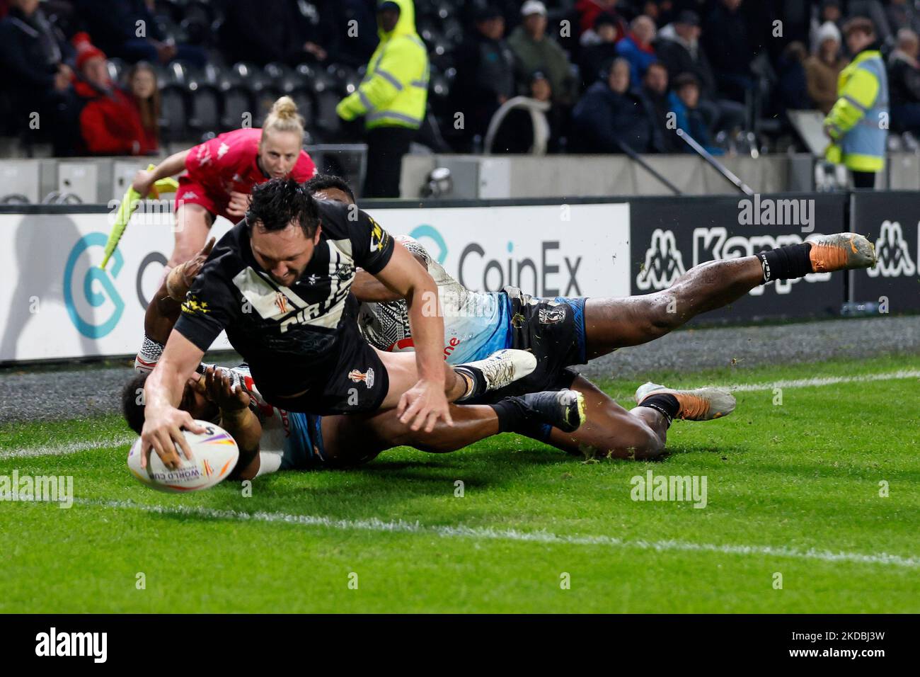 New Zealand's Jordan Rapana scores during the Rugby League World Cup ...