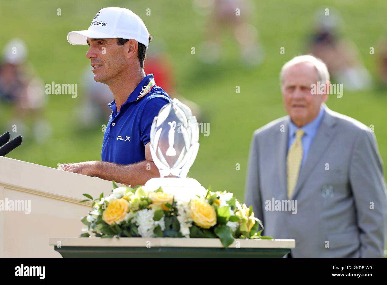 Billy Horschel of the USA speaks during the award ceremony after ...