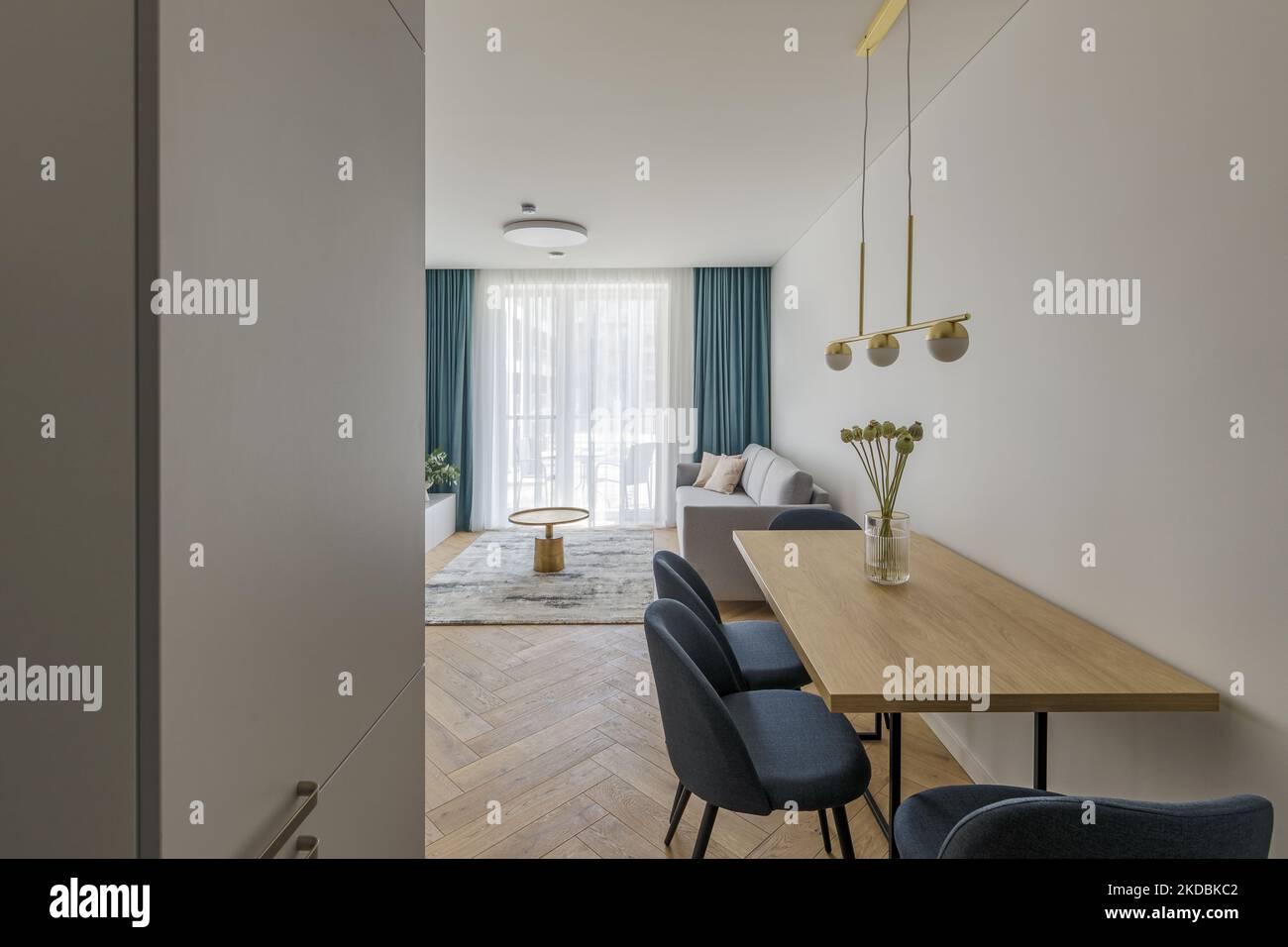 Modern minimalist interior design with wooden furniture, oak floor in ...