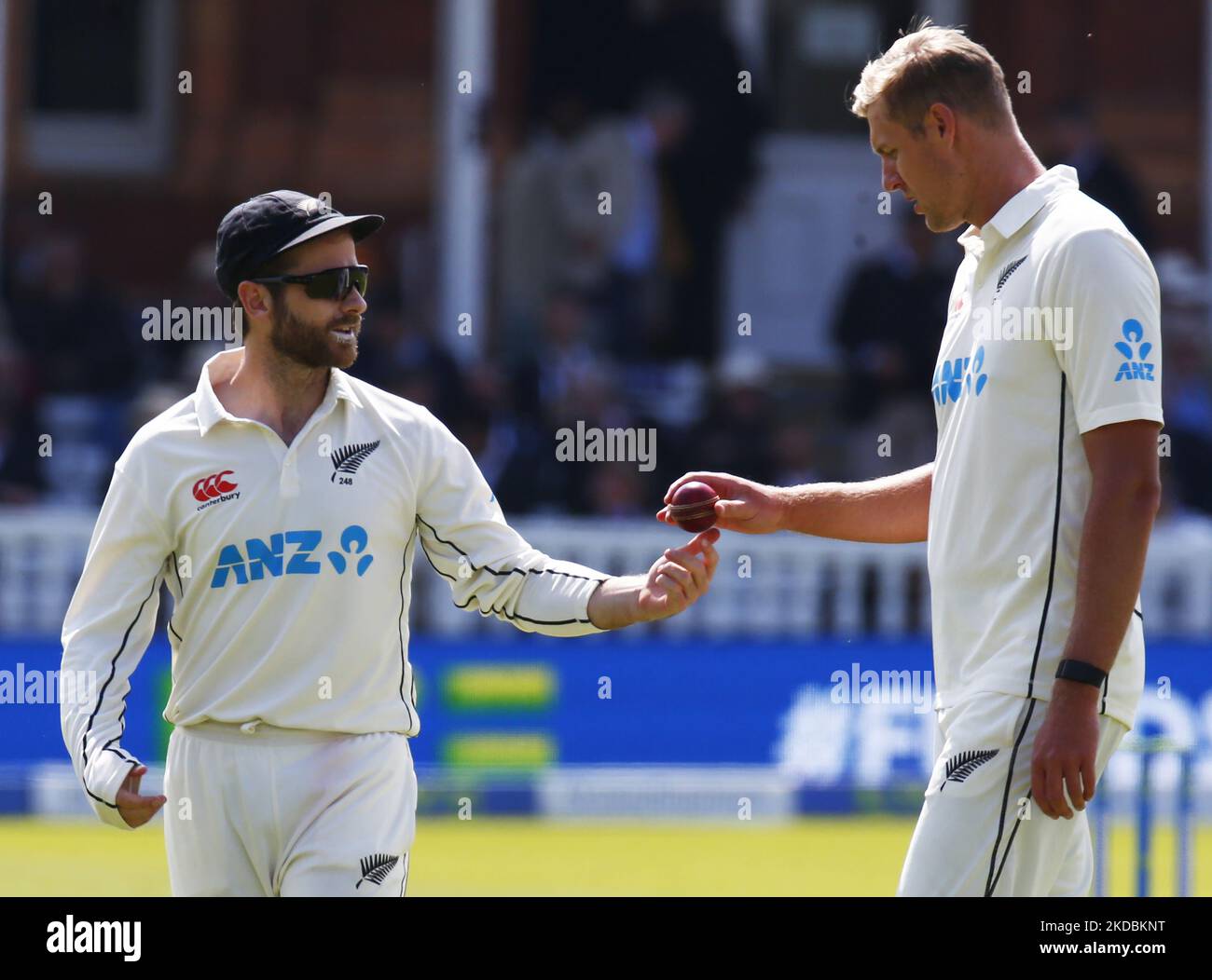 L-R Kane Williamson of New Zealand and Kyle Jamieson of New Zealand ...