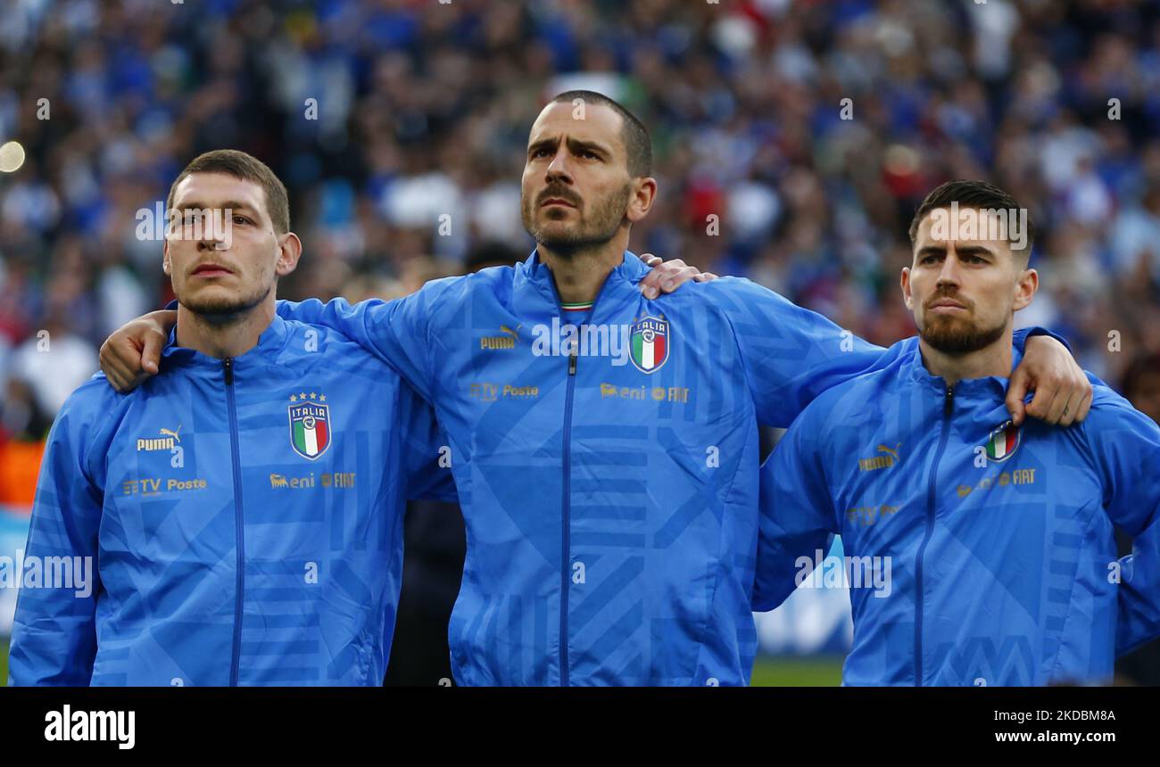 L-R Andrea Belotti of Italy, Leonardo Bonucci of Italy and Jorginho of ...