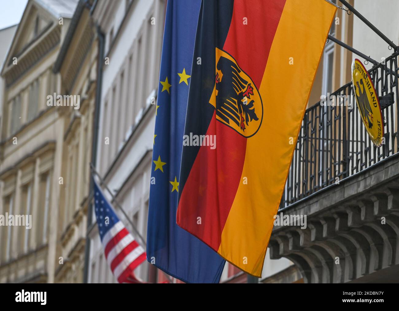 German and EU flags seen above the entrances to the German consulate ...
