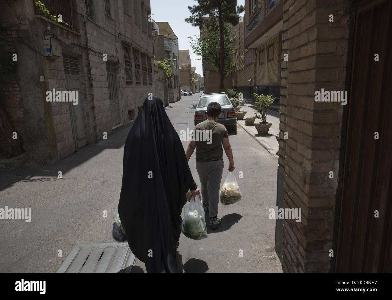 A veiled Iranian woman and her son carry fruit and vegetable in plastic ...