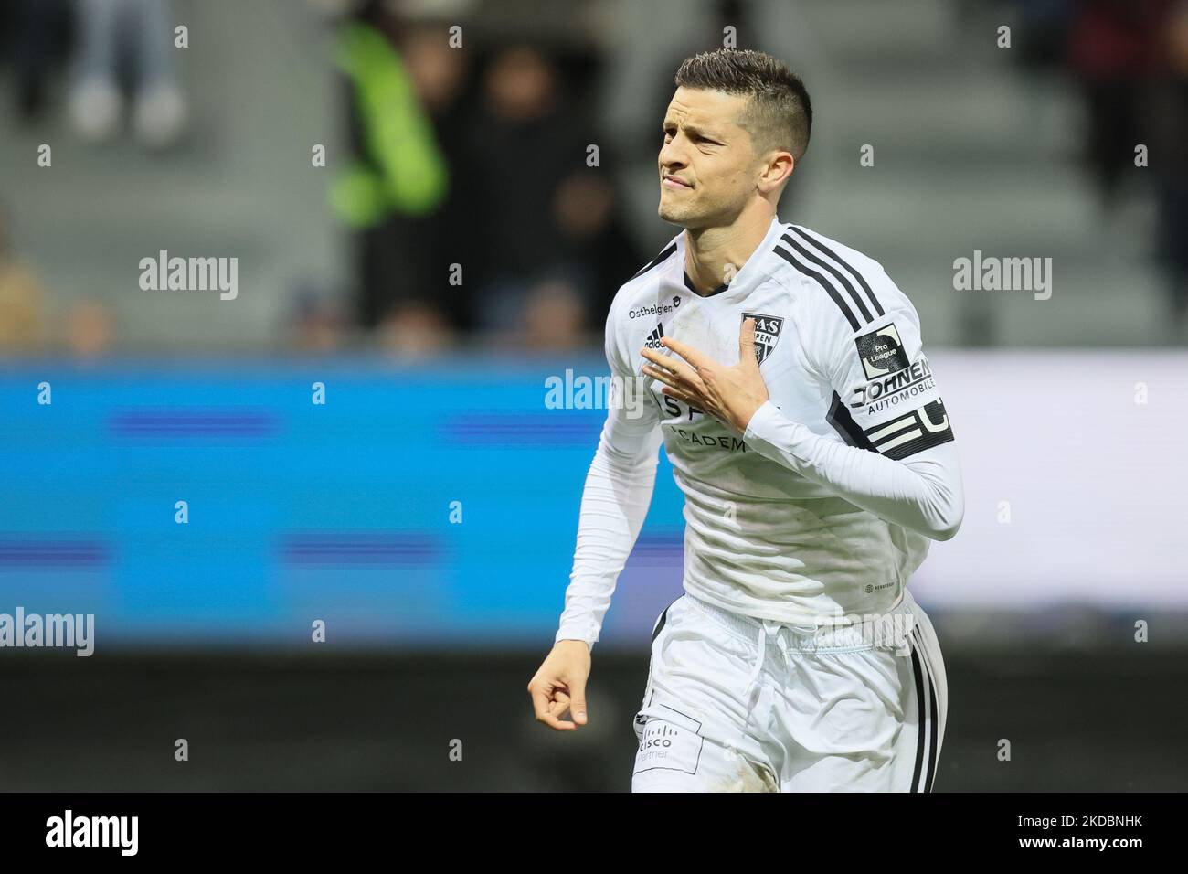 Eupen's Stef Peeters celebrates after scoring during a soccer match ...