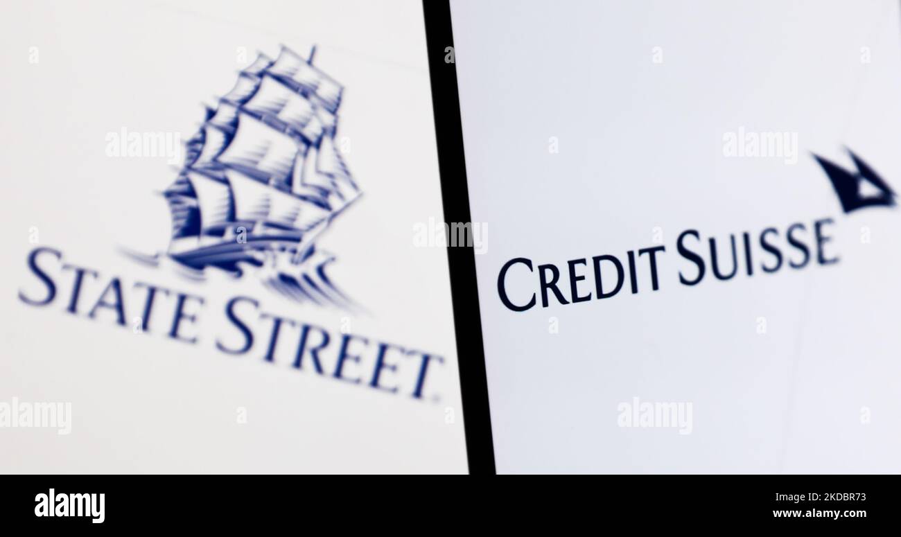 State Street logo displayed on a screen and Credit Suisse logo ...